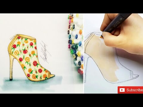 Çiçek desenli önü açık topuklu bot çizimi (drawing of open boots with flower pattern) ayakkabı çizim