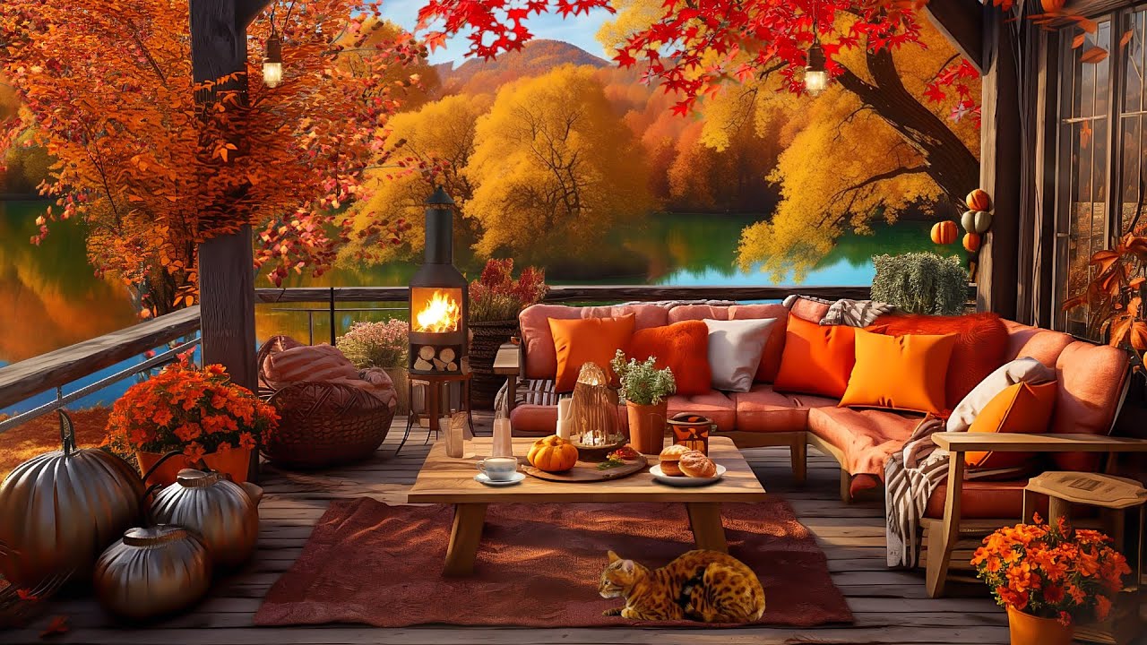 FALL PORCH AMBIENCE: Cozy Daytime Autumn Sounds, Crunchy Leaves, Warm ...