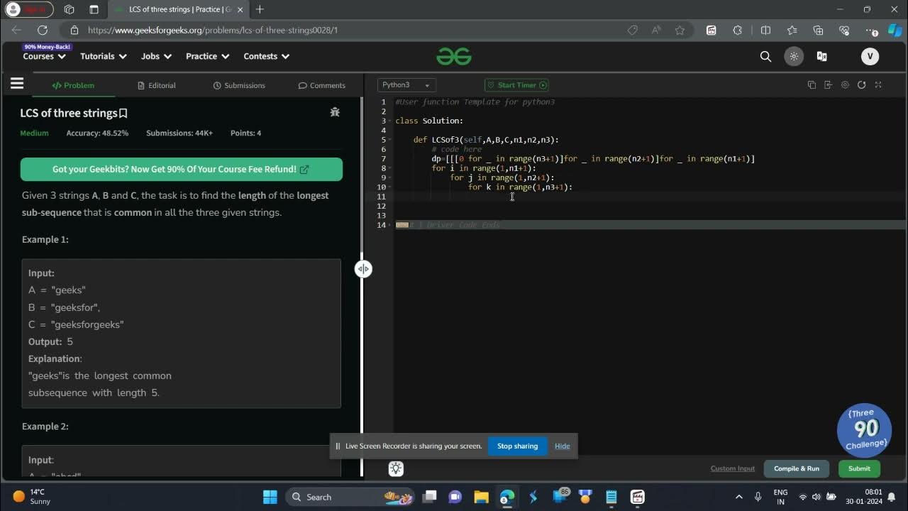 LCS of three strings Dynamic Programming Python geeks for geeks potd python solution gfg potd ...