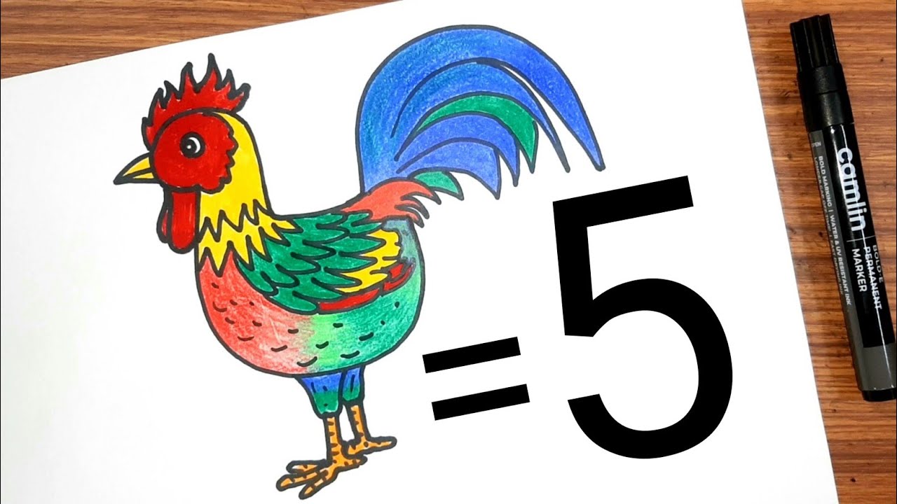 How to draw a COCK using number 5 | মোরগ আঁকার সহজ কৌশল | Murga drawing ...