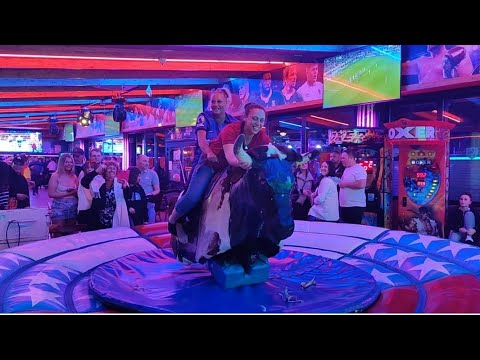 Mechanical bull riding March 1st 2024 in Benidorm - YouTube
