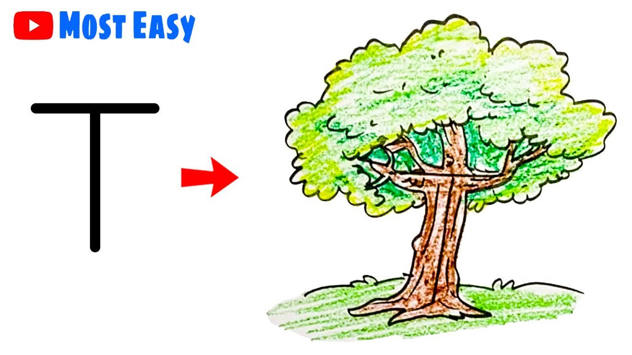 Tree Drawing Easy / How to turn alphabet T into Tree Drawing / Draw ...