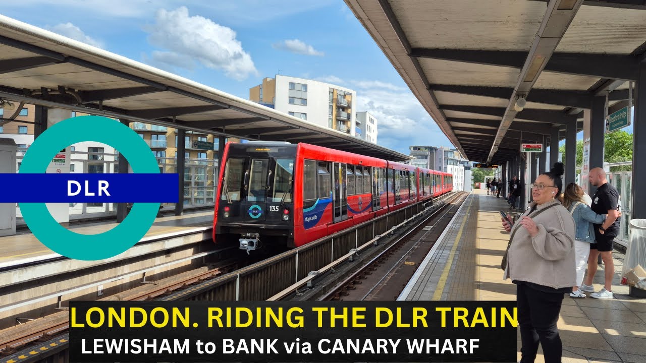 London. Riding the DLR train from Lewisham to Bank via Canary Wharf 4K ...