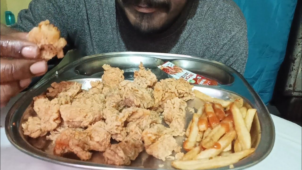 chicken popcorn with french fries asmr eating - YouTube