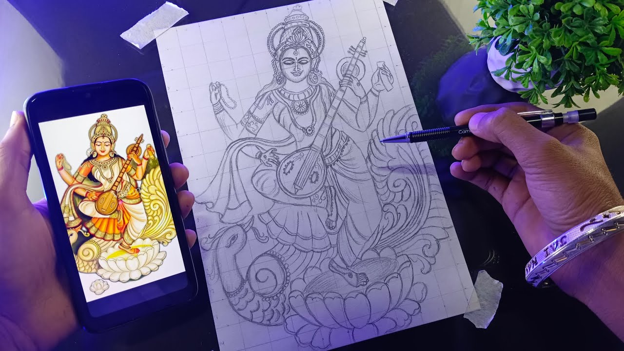 saraswati mata ki drawing ll outline tutorial ll step by step drawing ...