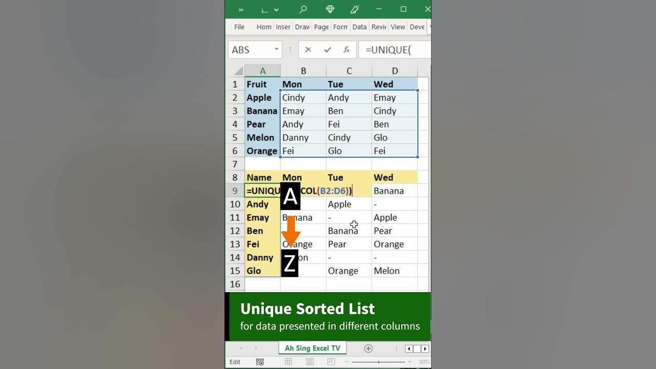 Create unique sorted list for items in different columns - YouTube
