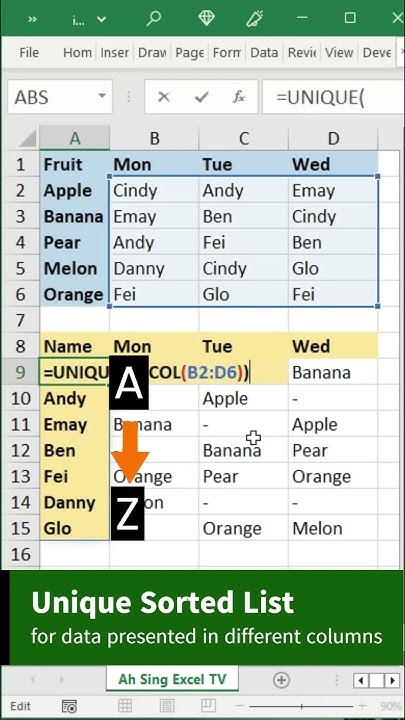 Create unique sorted list for items in different columns - YouTube