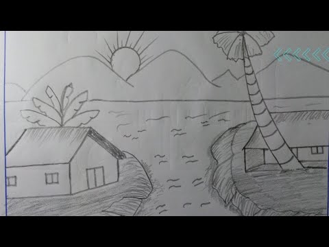 House and river drawing for beginners. Two village draw with river ...