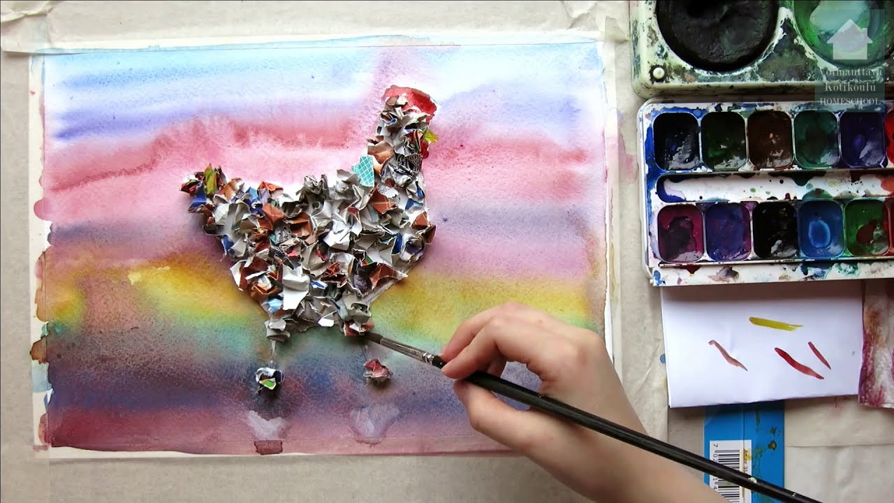 HOMESCHOOL ART LESSON- Art tutorial watercolor painting with recycled ...