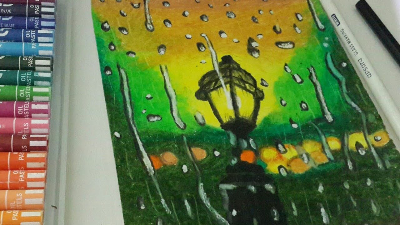 How yo draw rain waterdrop in street light step by step/ scenery - YouTube