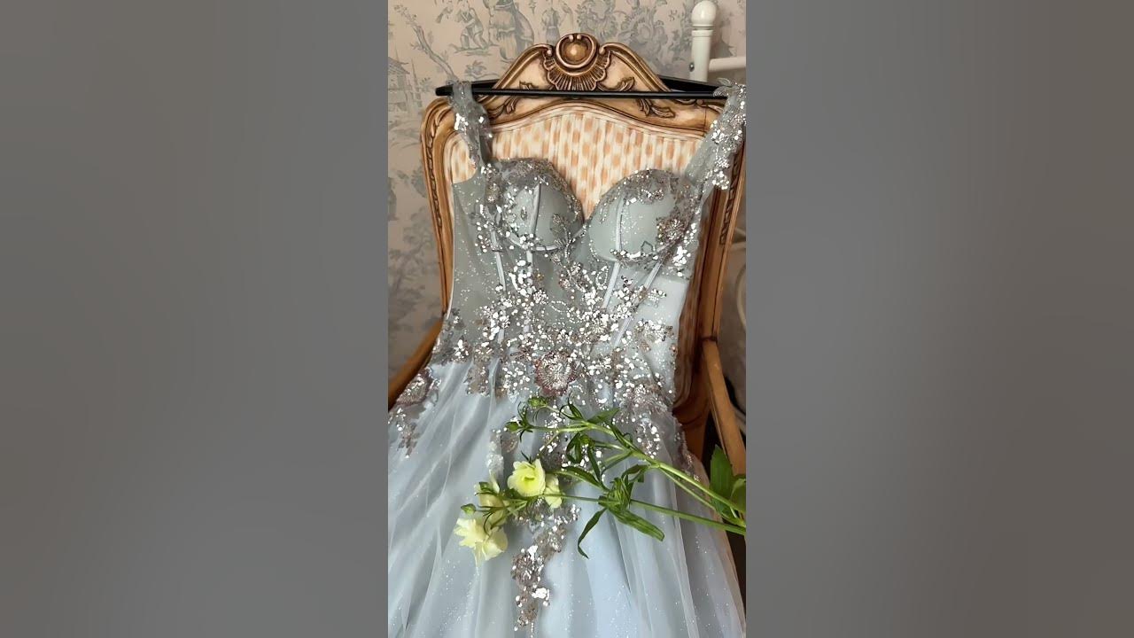 Sequin floral details on the corseted dress A1258 in Light Blue with layered tulle skirt # ...