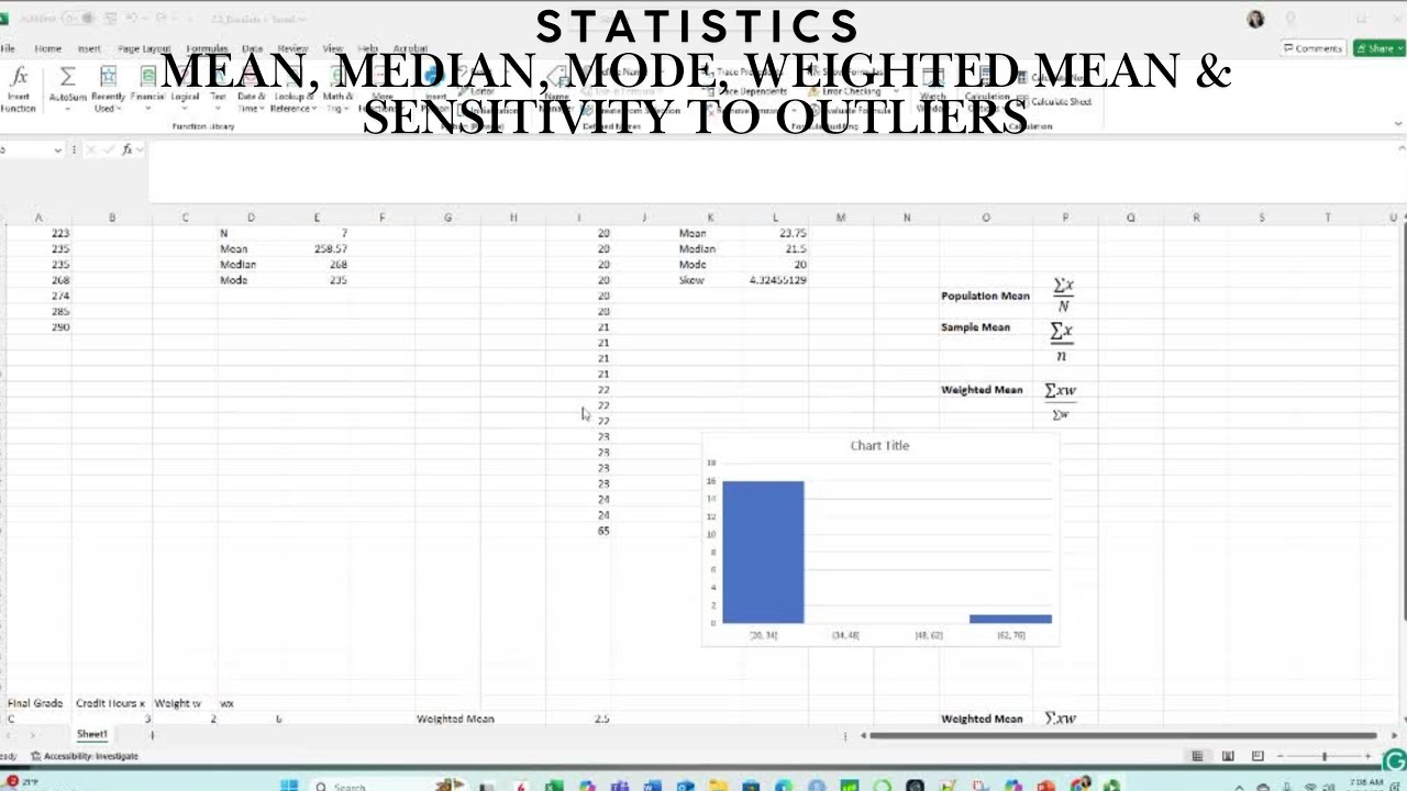 Mean, Median, Mode, Weighted Mean & Sensitivity to Outliers : Excel ...