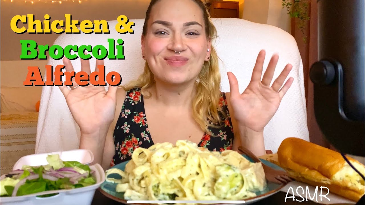 ASMR Chicken and Broccoli Alfredo Mukbang | Whispering - YouTube