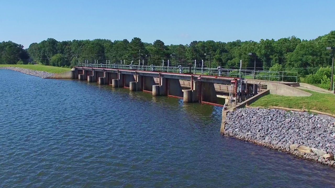 Aerial View of Lake Brandt Spillway/Dam and Bird Flock at Dock ...