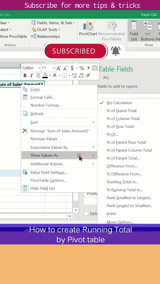 Calculate Running Total in Excel .Pivot Tables in seconds: No #Formula Method:#shorts #pivot ...