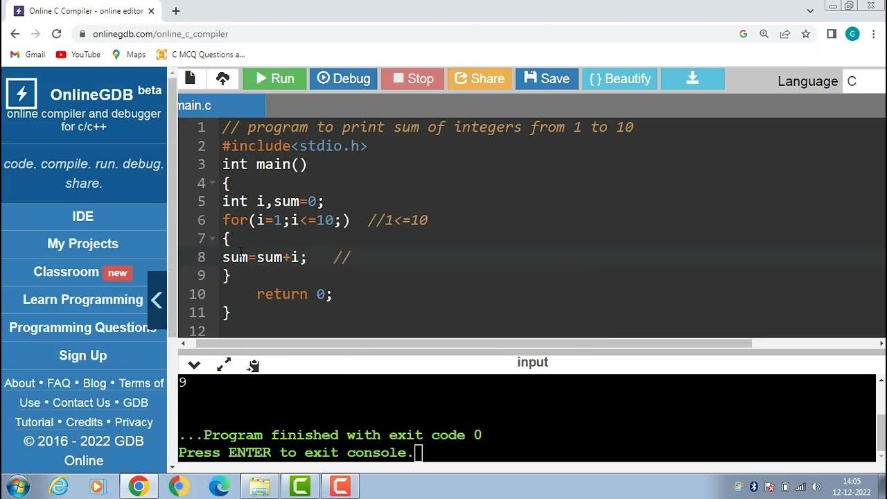 C program to print sum of integer from 1 to 10 - YouTube
