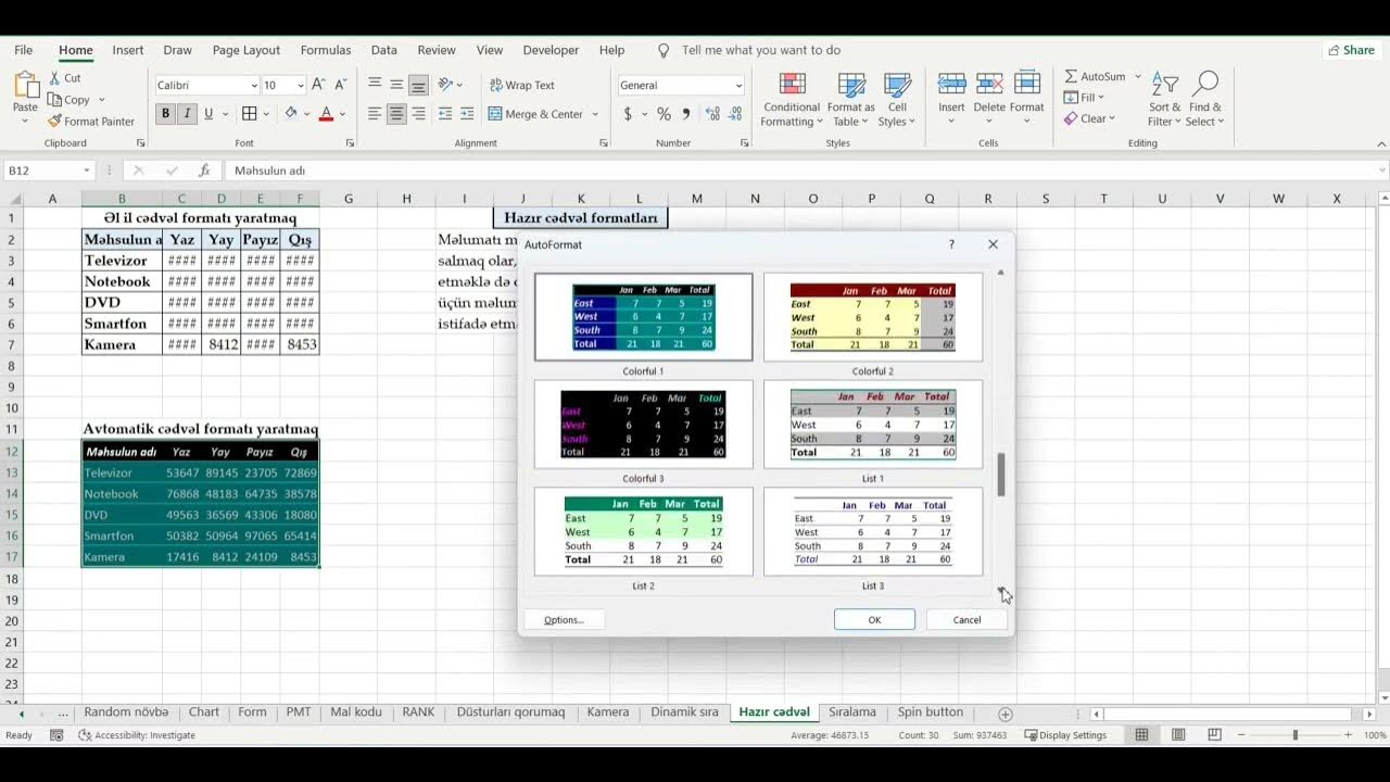 Prepared Table Formats In Excel Hazır Cədvəl Formatları Youtube