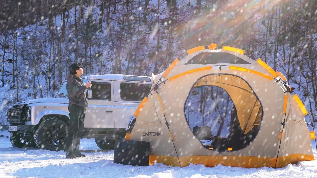 -18℃ Winter Camping, Yellow Submarine Tent in Snow / Land Rover ...