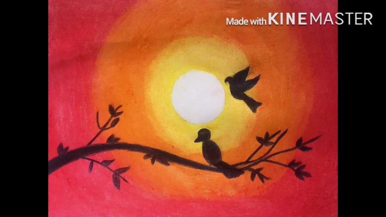 How to draw easy sunset with bird - YouTube