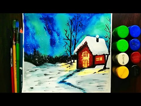 How to draw Snowy Winter Landscape with hut /Poster colour Drawing ...