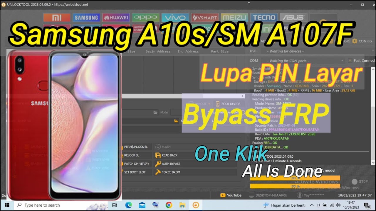 🟢 Samsung A10s /SM A107F Lupa PIN Sekalian Bypass FRP. Unlocktool 2023 ...