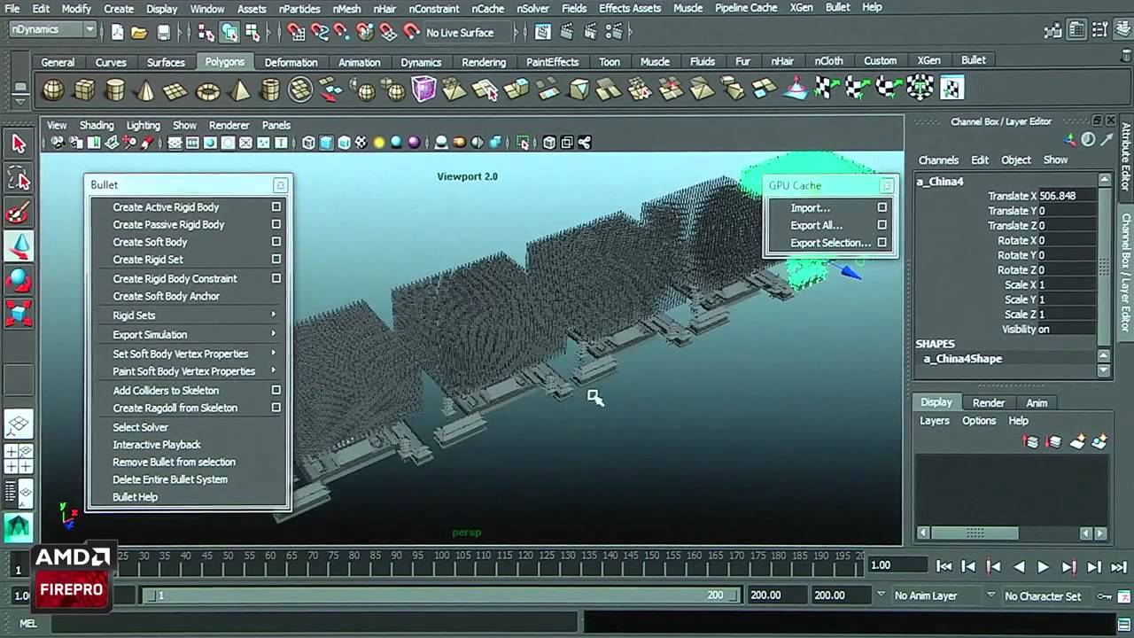 Maya brand-new Bullet Physics Plugin with AMD FirePro W9000 - YouTube