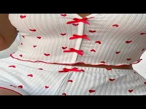 Sleepwear Women Pajamas Set Heart Print Soft Ribbed Fabric with Flirty ...