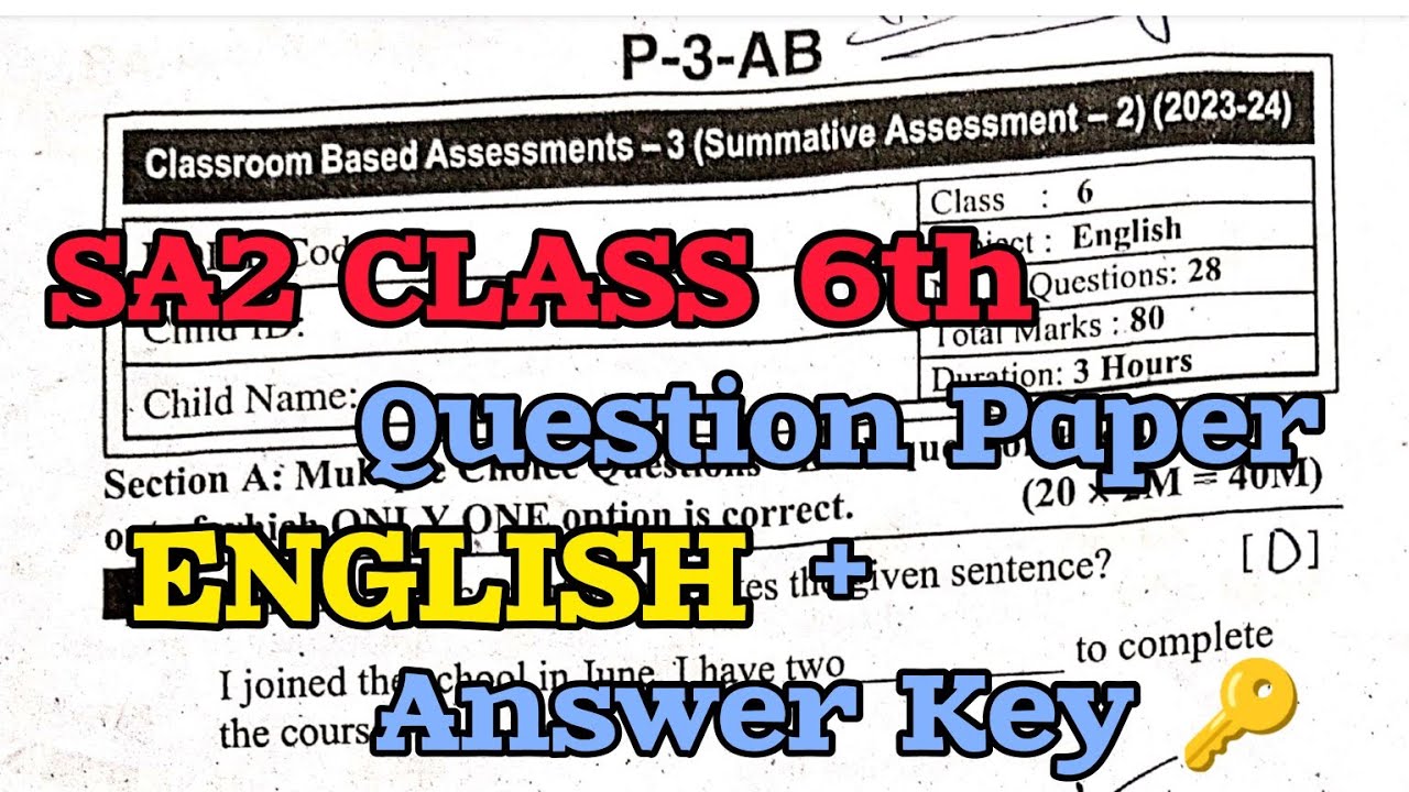 💯SA-2 Class 6th ENGLISH Key 🔑💯Real Full Question Paper🗝️2023-2024 | 6th ...