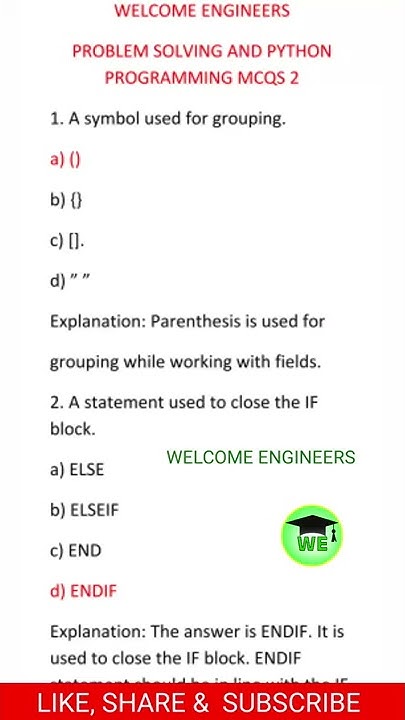 MCQs in Problem solving and Python Programming | PART-2 | GE8151 MCQs | WELCOME ENGINEERS - YouTube