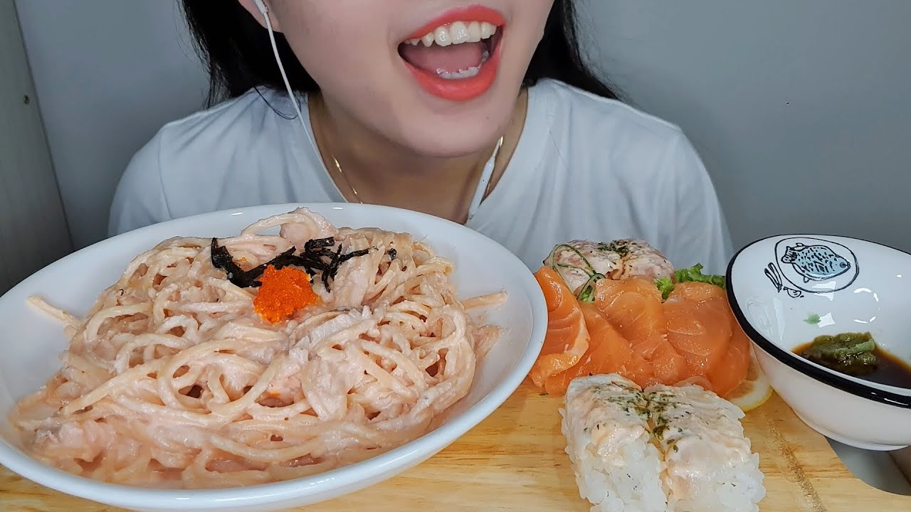 ASMR MENTAIKO SPAGHETTI + SALMON SASHIMI + SALMON + WHITE TUNA SUSHI ASMR MUKBANG (EATING SOUND ...
