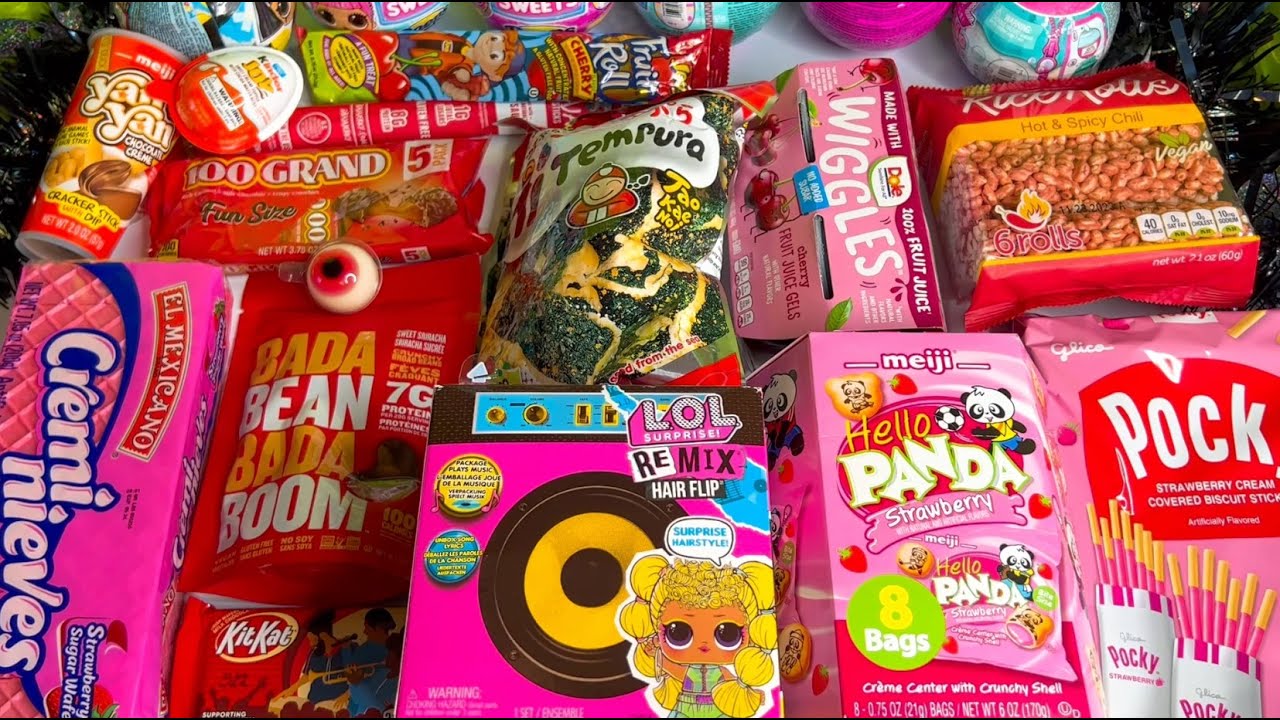 NEW RED PINK Snacks Unboxing Cookies Chocolate Candy Bars Gummy Jelly ...