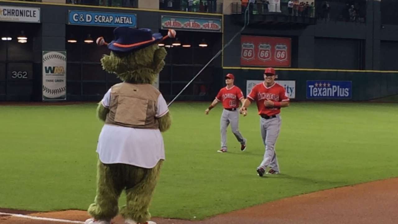 Houston Astros mascot Orbit goes fishing for Mike Trout - YouTube