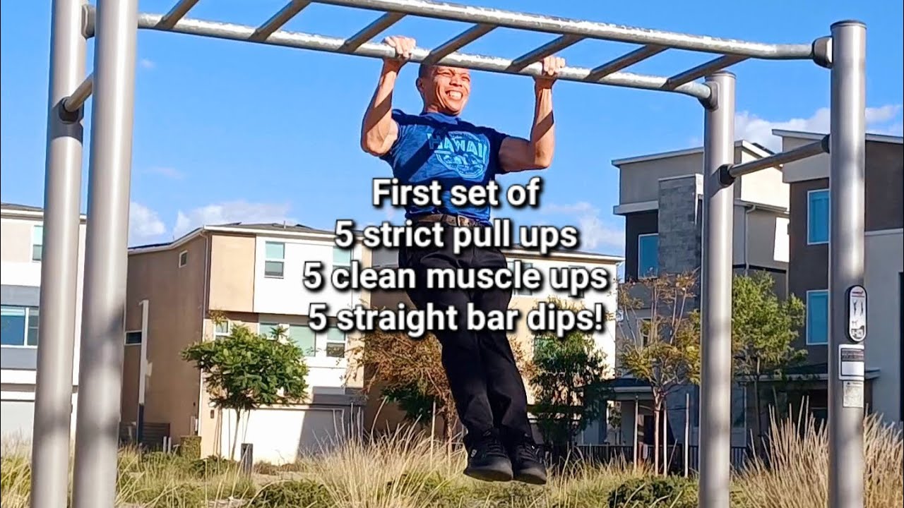 First set of 5 clean muscle ups to 5 straight bar dips to 5 strict pull ...