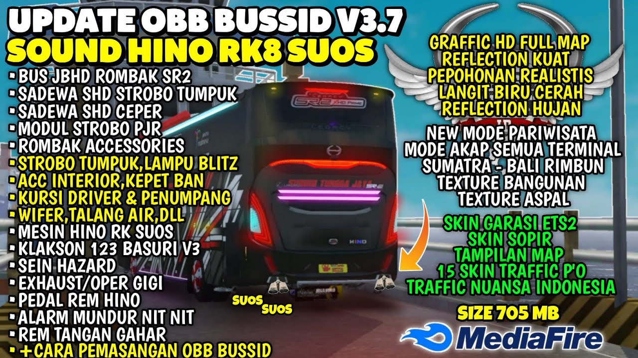 UPDATE OBB BUSSID TERBARU V3.7 SOUND HINO RK8 SUOS BASURI V3 GRAFFIC HD FULL MAP - YouTube