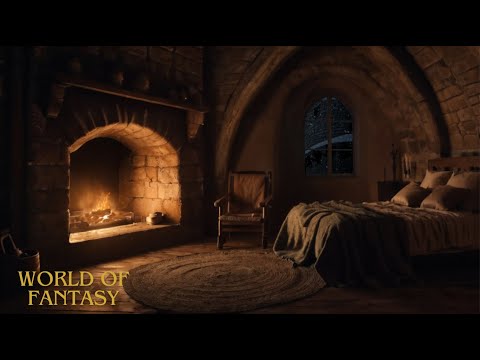 Cozy Medieval Castle Bedroom w/ Fireplace & Snow Ambience - Crackling Fire & Wind Sleep Sounds ASMR
