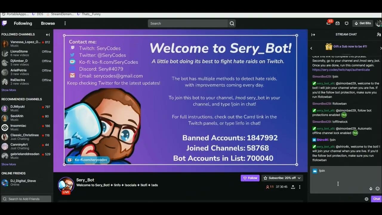 Adding Sery_Bot to Lock Your Twitch Channel while offline with 4 Steps. You Must use a Web ...
