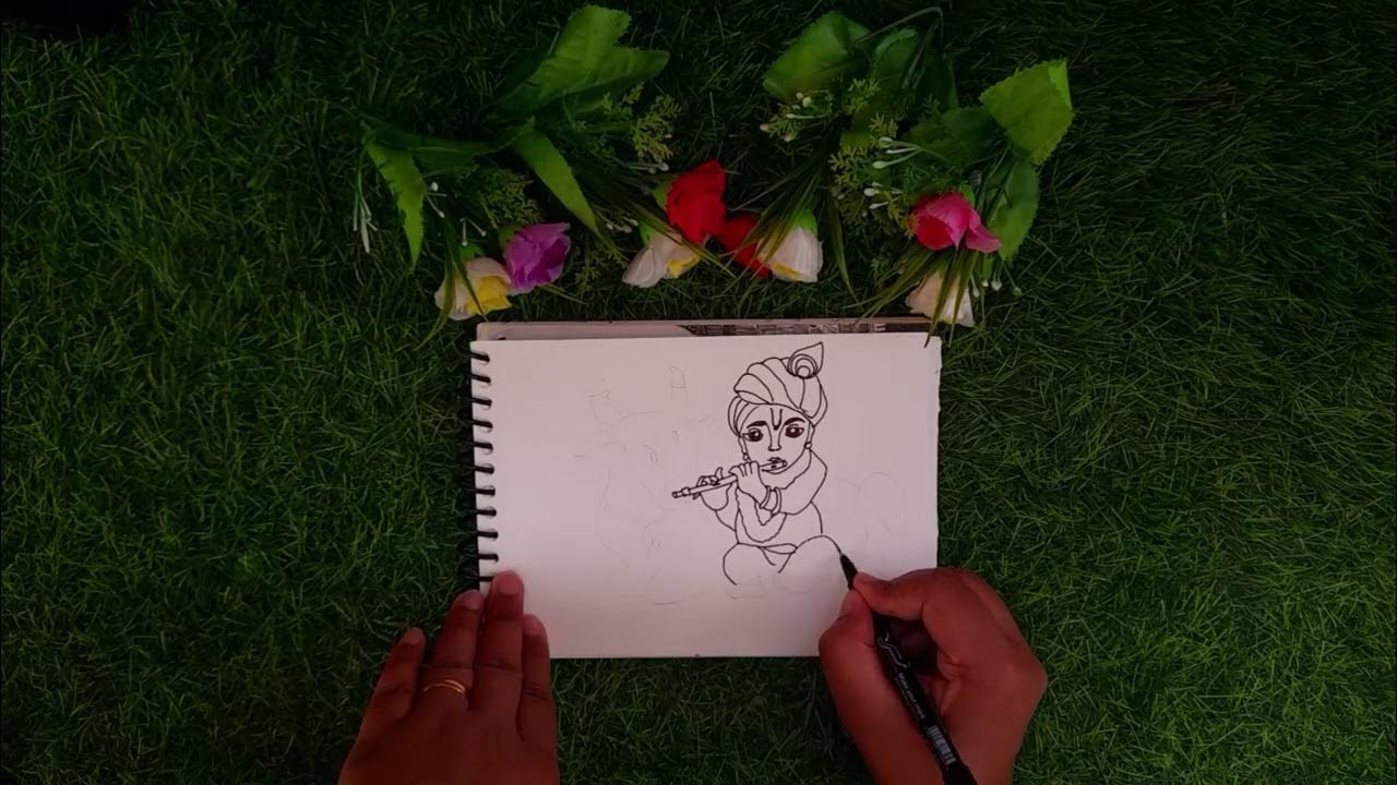 How to draw Sri Krishna with Gau Mata | Sri Krishna Drawing | easy Step ...