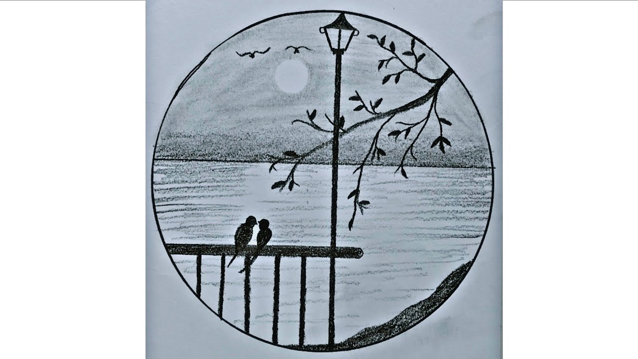 Easy Circle Scenery Drawing | Romantic Evening Sketch | Simple Nature ...