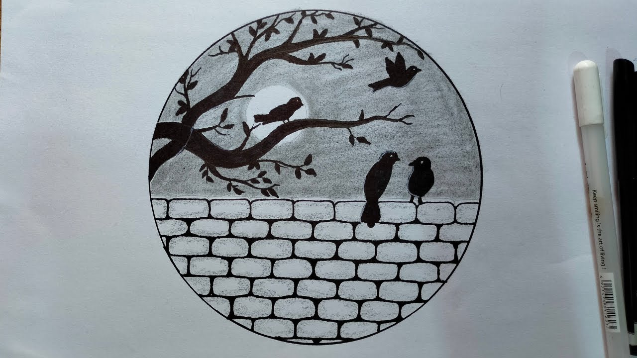 how to draw birds scenery || birds drawing in a circle step by step ...