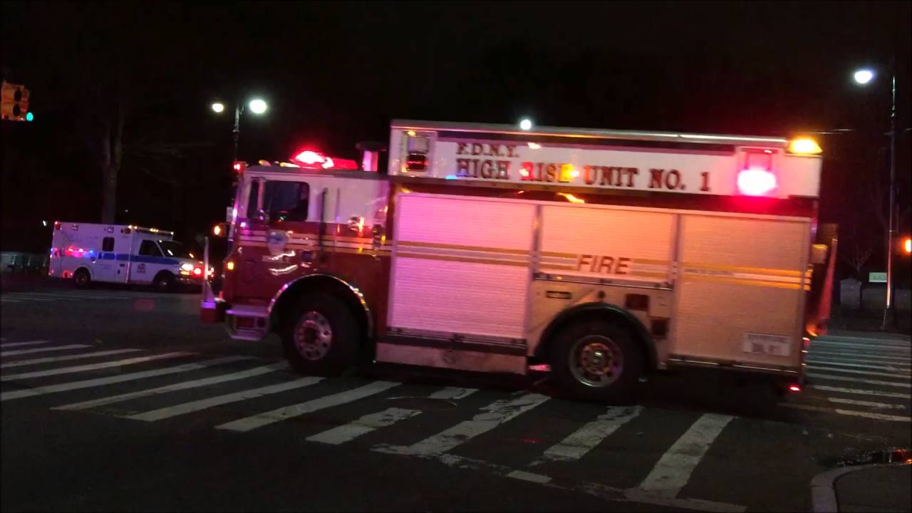 BRAND NEW FDNY KME ENGINE 3 & FDNY HIGH RISE UNIT NO. 1 TAKING UP FROM ...