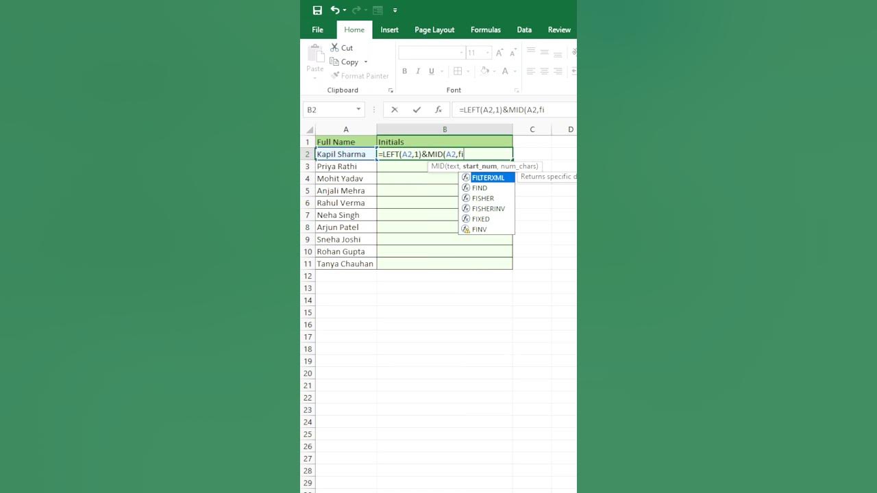 Extract Initials from Full Name in Excel | LEFT + MID Formula 🔥 - YouTube