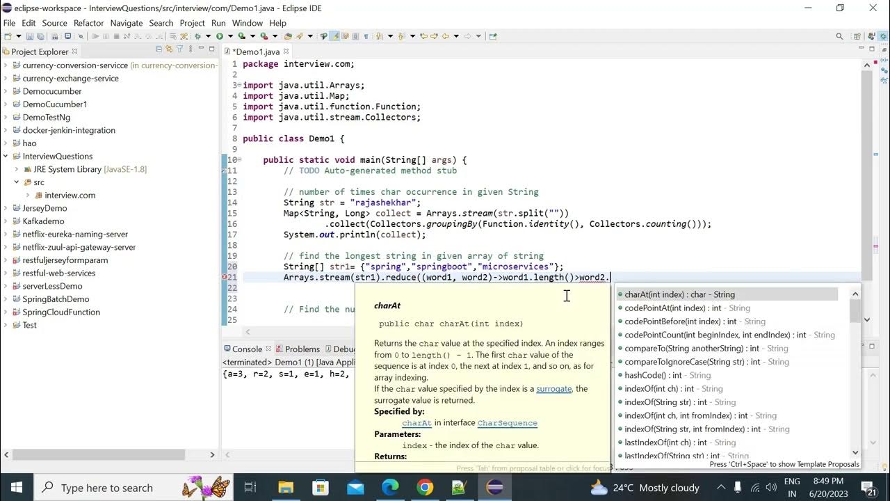 Find number of times char occurrence in a given string | Longest string in given array of string ...