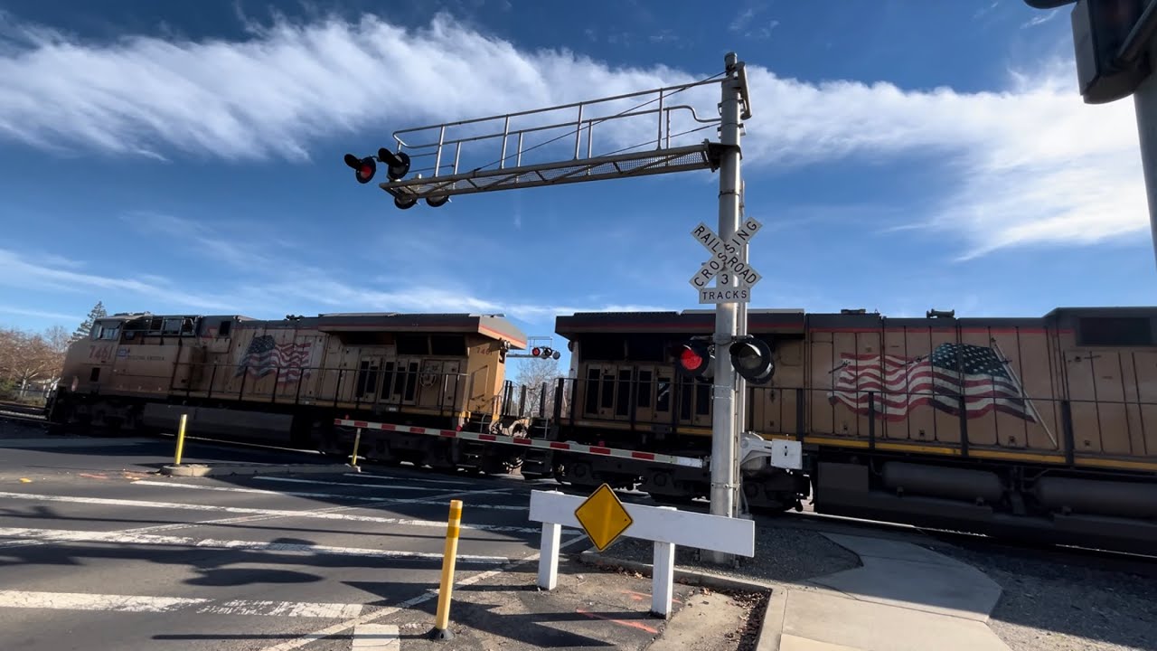 UP 7641 leads light power off the Valley sub wye-Yosemite street railroad crossing, Roseville CA ...