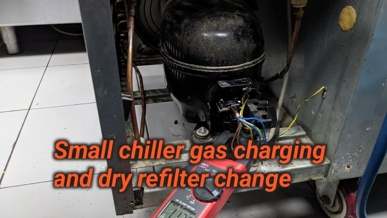 Small chiller gas charging and dry filter change - YouTube