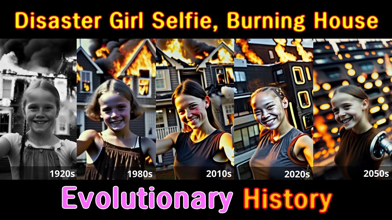 Evolution history of smiling disaster girl taking selfie in font of her ...