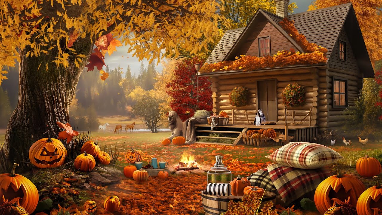 Cozy Autumn Cabin with Pumpkins & Campfire | Relaxing Fall Ambience in ...