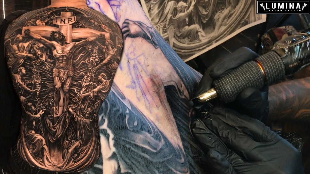 2 SESSIONS FULL BACK TATTOO RELIGIUS STYLE - YouTube