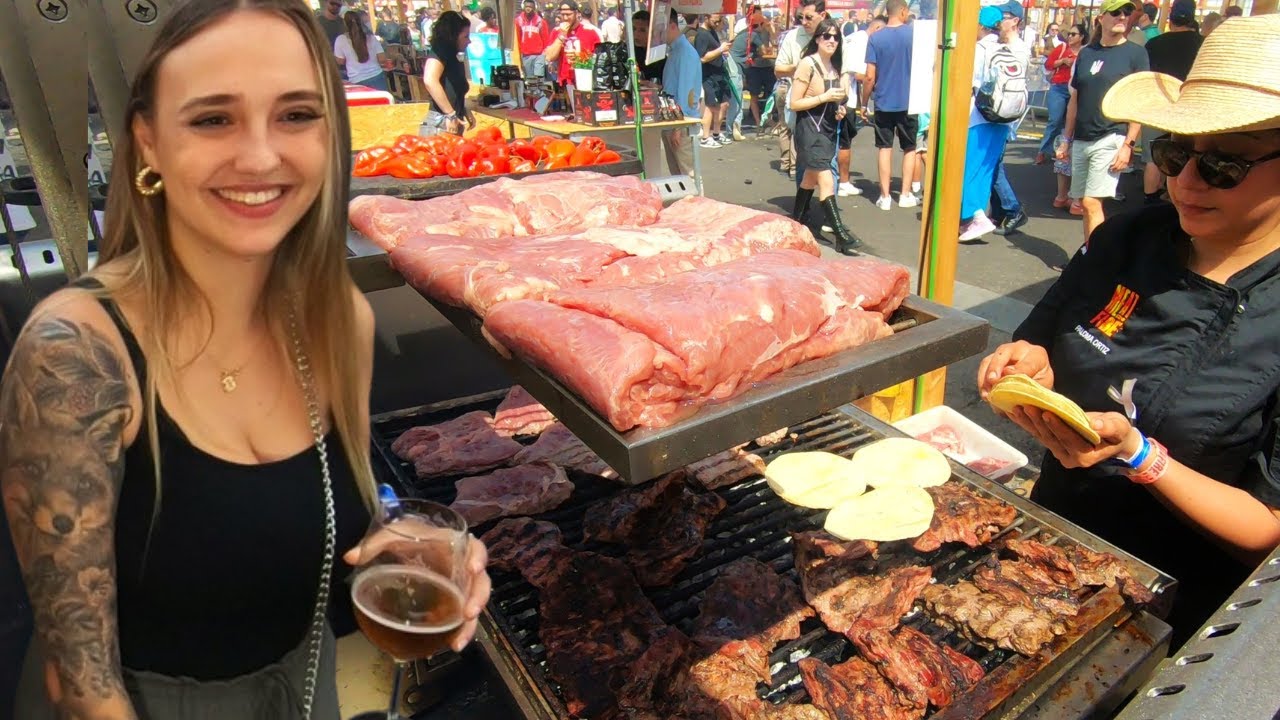 Street Food in Barcelona, Spain. Grilling and Cutting Hanger Steaks ...