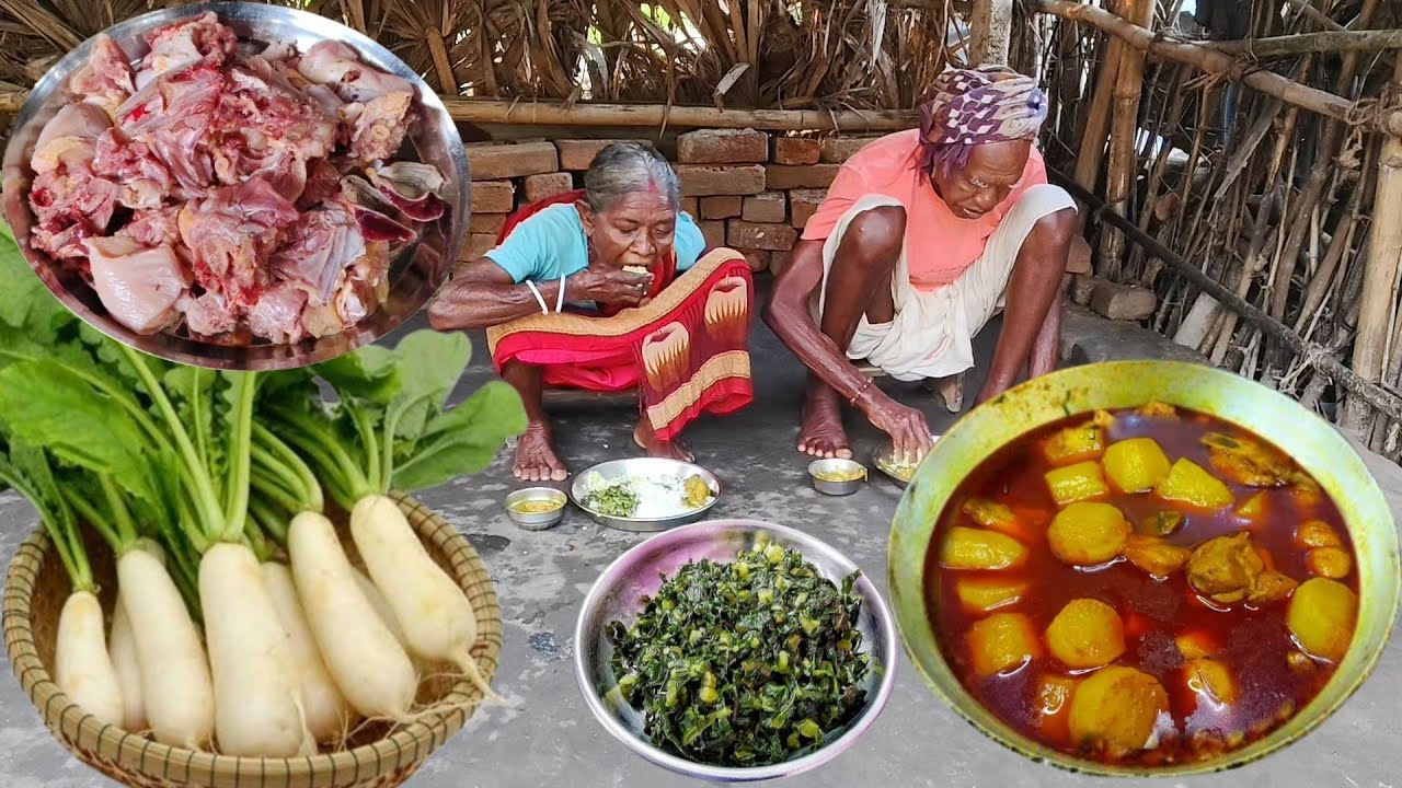 RADISH CURRY with CHICKEN MEAT And MULA SHAK VAJI cooking and eating by ...