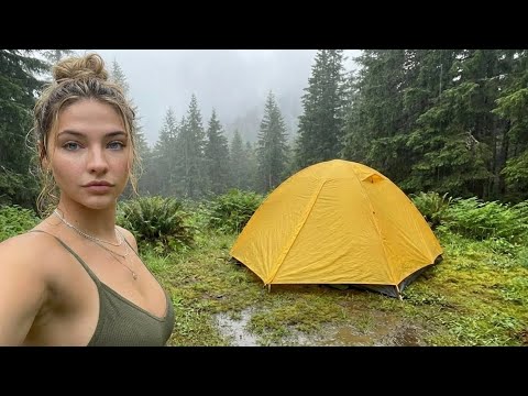 Heavy Rain Hot Tent Camping - Solo Girl Cozy Wood Stove & Cooking ASMR